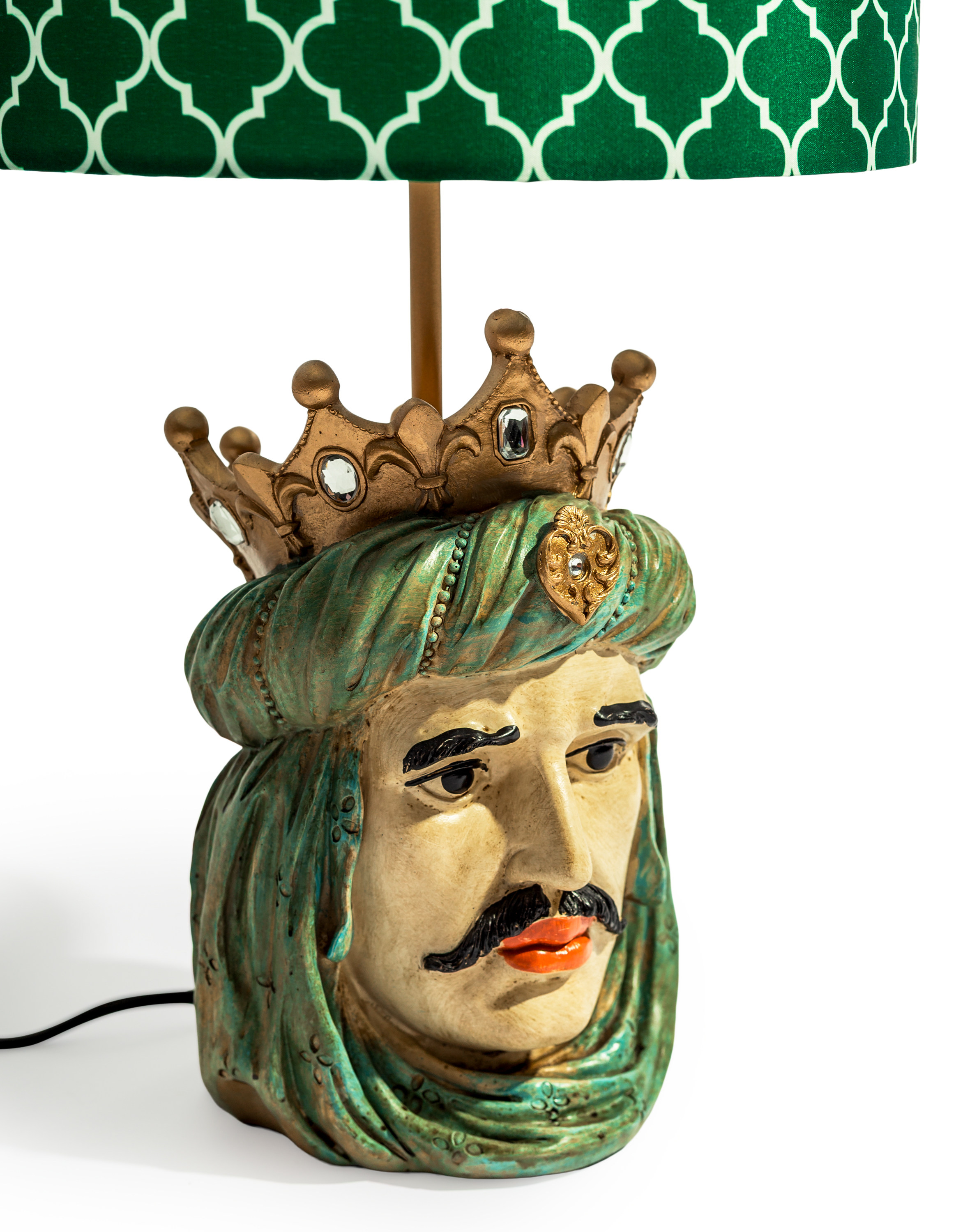 Sicilian King Moor Head Table Lamp w/ Green Pattern Shade