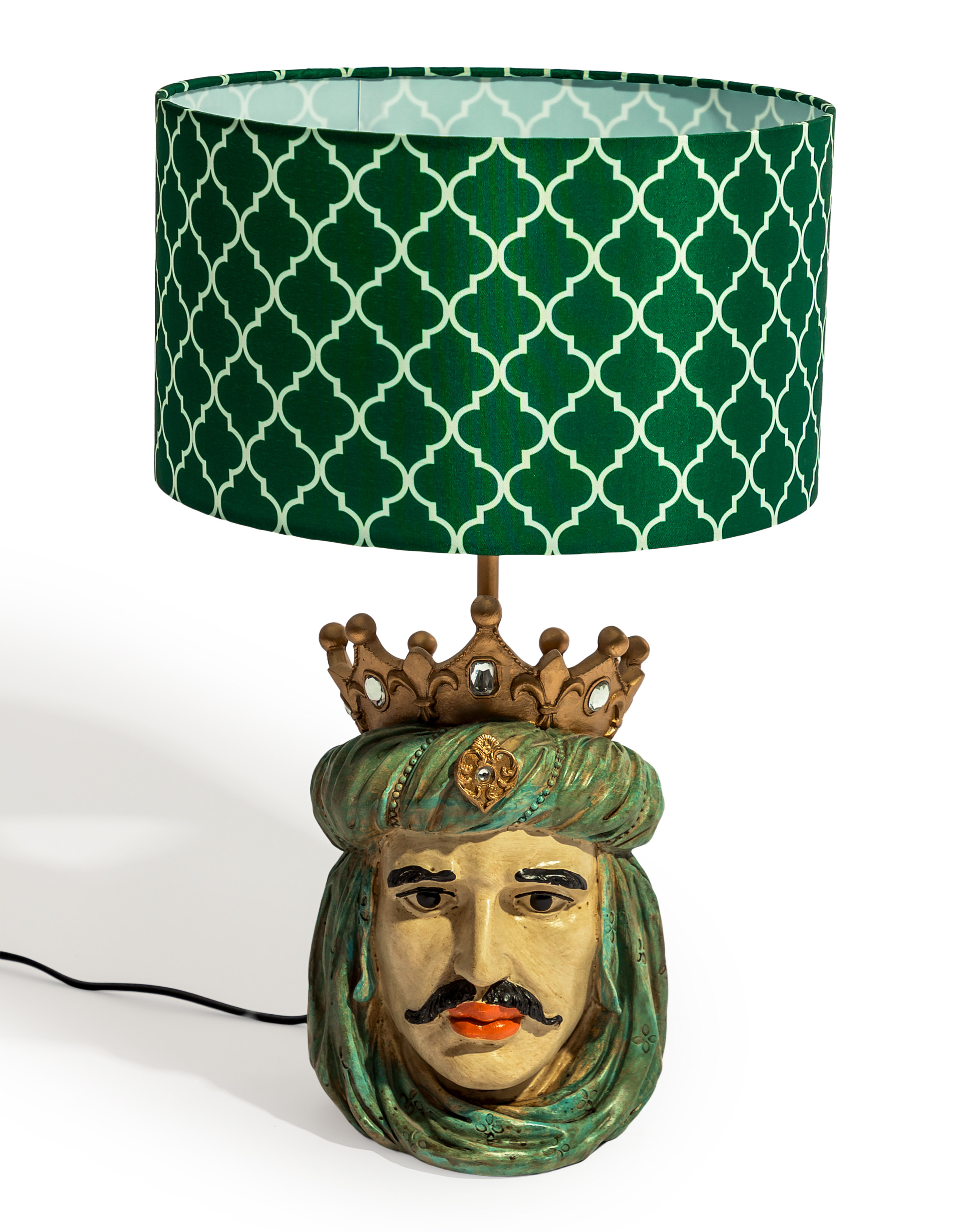 Sicilian King Moor Head Table Lamp w/ Green Pattern Shade