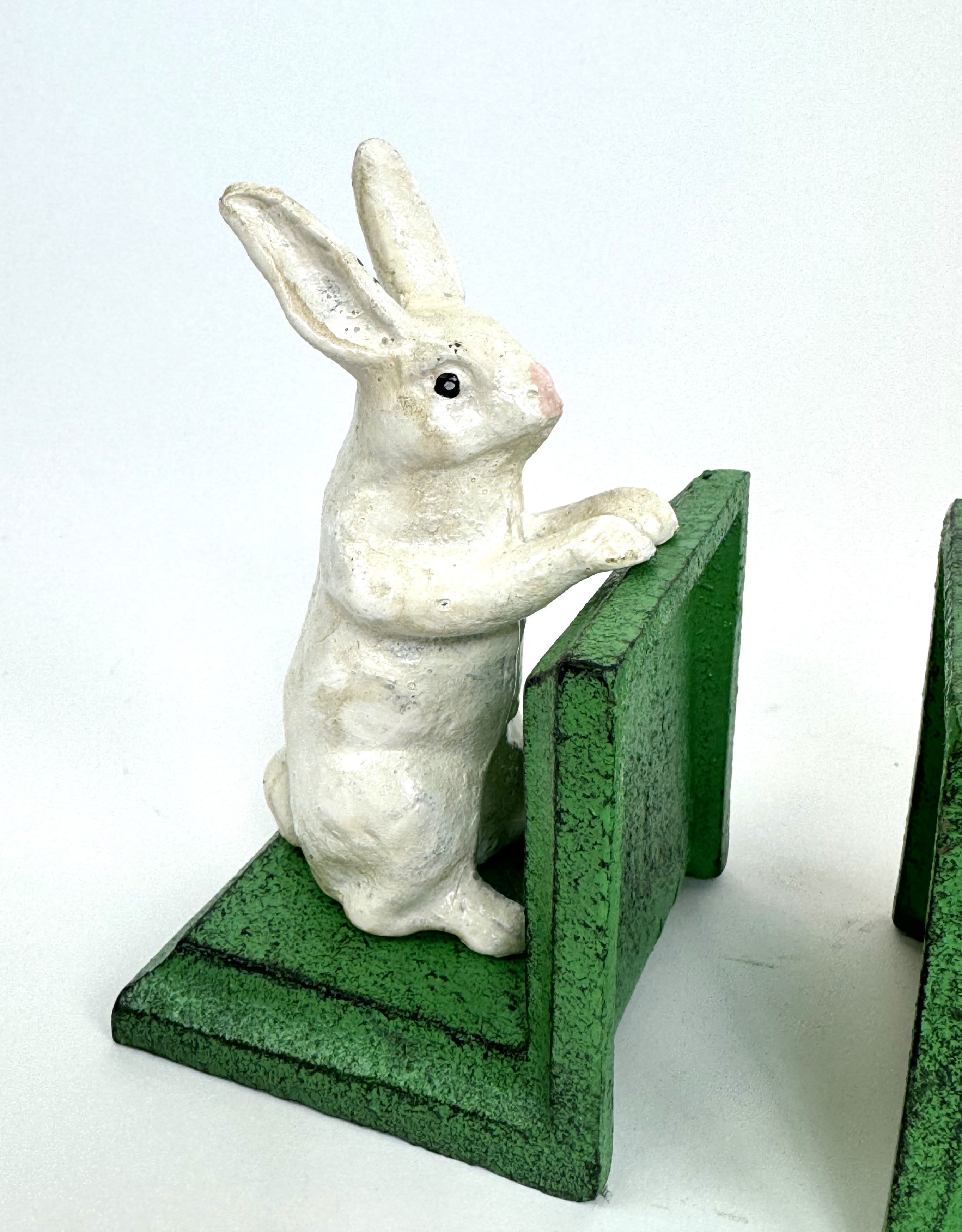 Cast Iron Antiqued Pair of White Rabbit Bookends