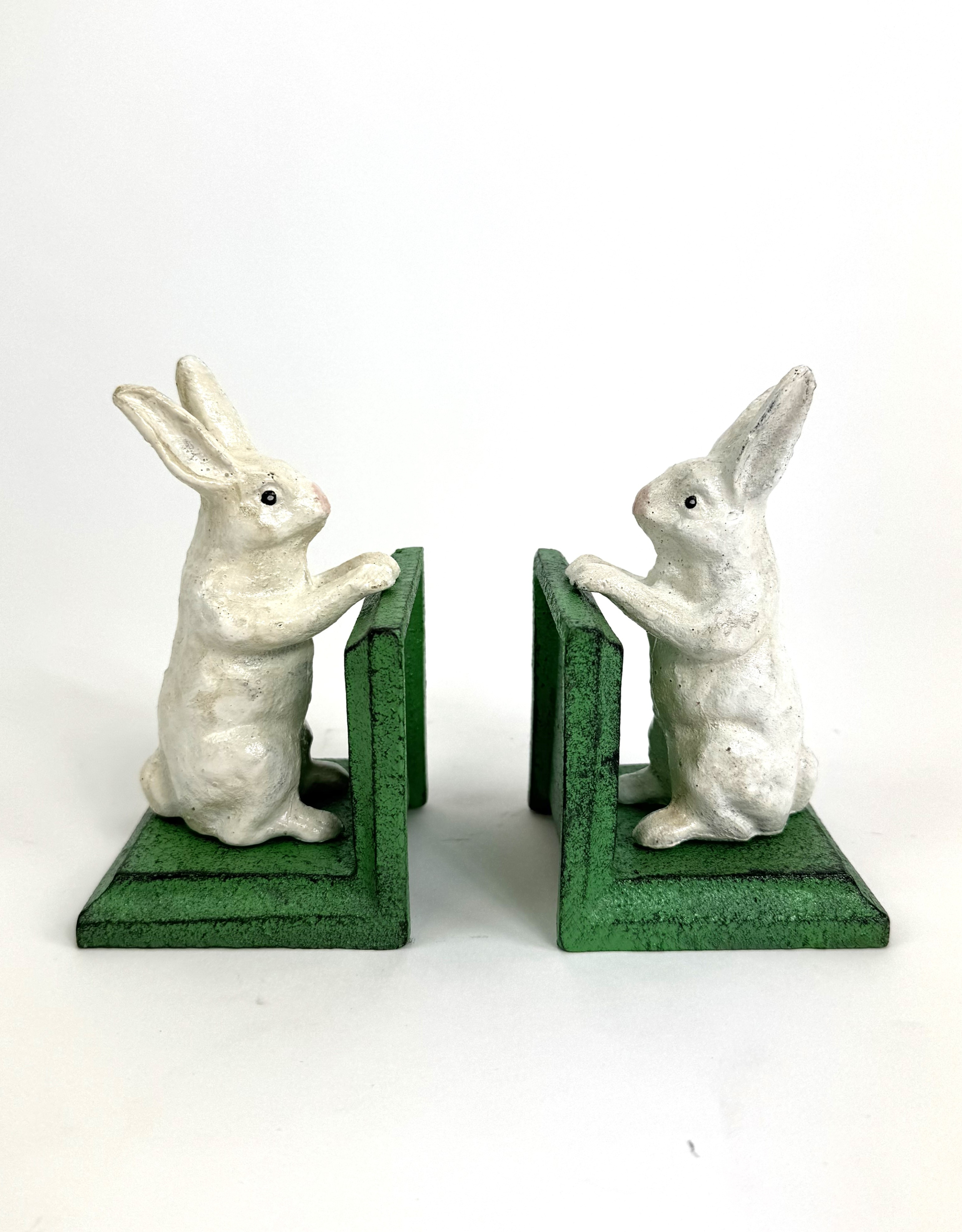 Cast Iron Antiqued Pair of White Rabbit Bookends
