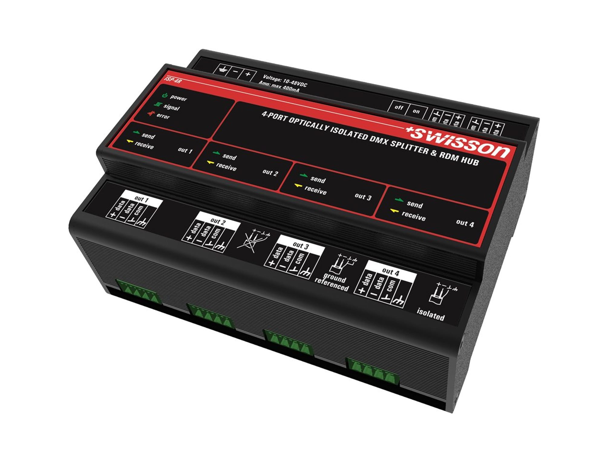 Swisson 4-Way DIN Rail DMX/RDM Splitter | Stage Electrics
