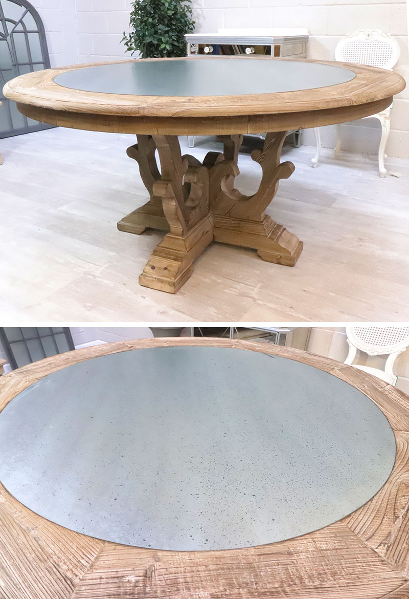 Asbury Reclaimed Pine Zinc Top Round Dining Table at Jesse Gisborne blog