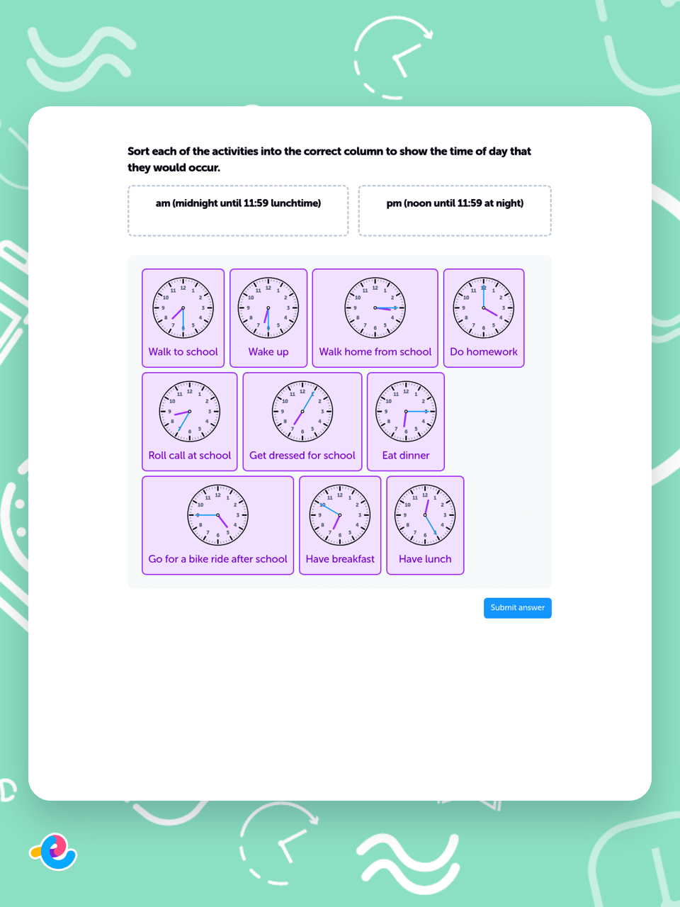 Telling Time: 'am' or 'pm' Activity teaching resources | Edzo