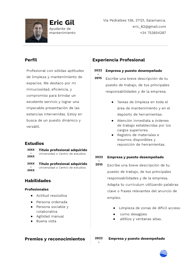 Ayudante de mantenimiento - EjemplosCV