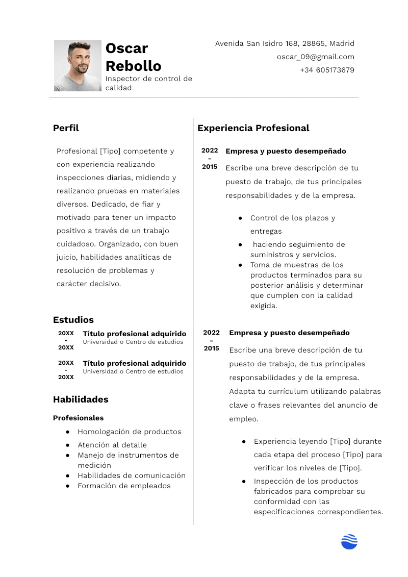 Inspector de control de calidad - EjemplosCV