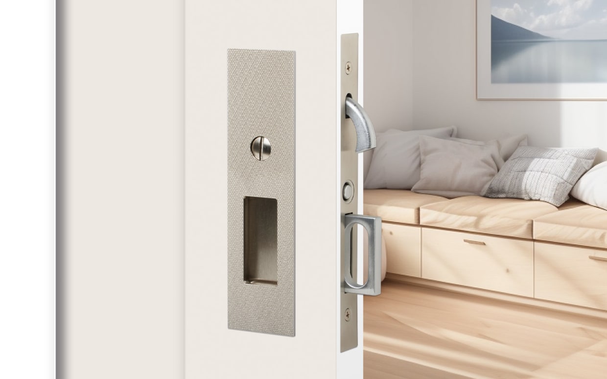 Knurled Narrow Modern Rectangular Pocket Door Mortise Lock | Emtek
