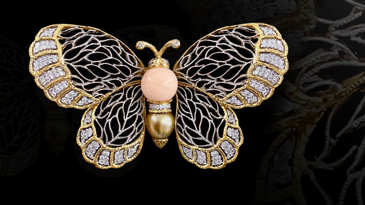 《Renaissance Style Conch Pearl Diamond Brooch》雕金孔克珠蝴蝶鑽石別針 | enVda