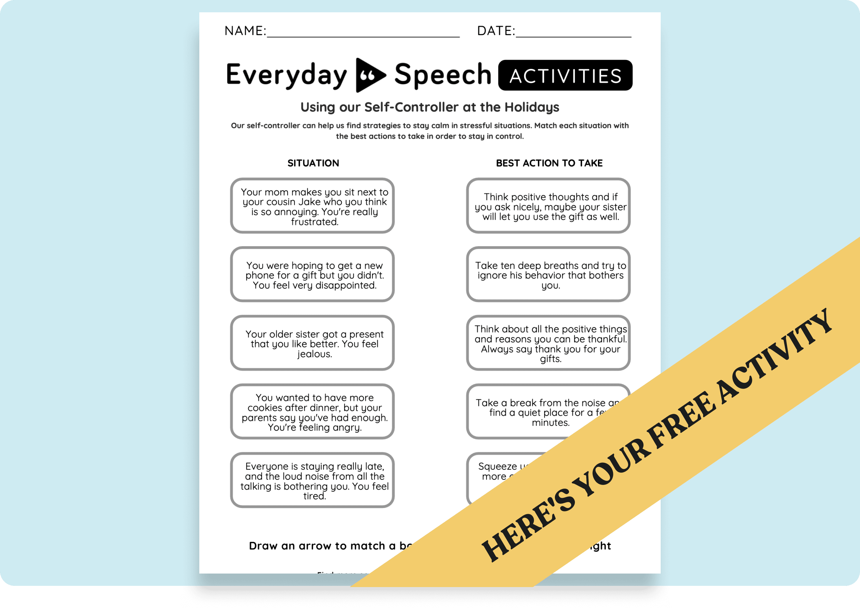 High School Self-Regulation Printable Activity: Using Our Self-Controller at the Holidays ...