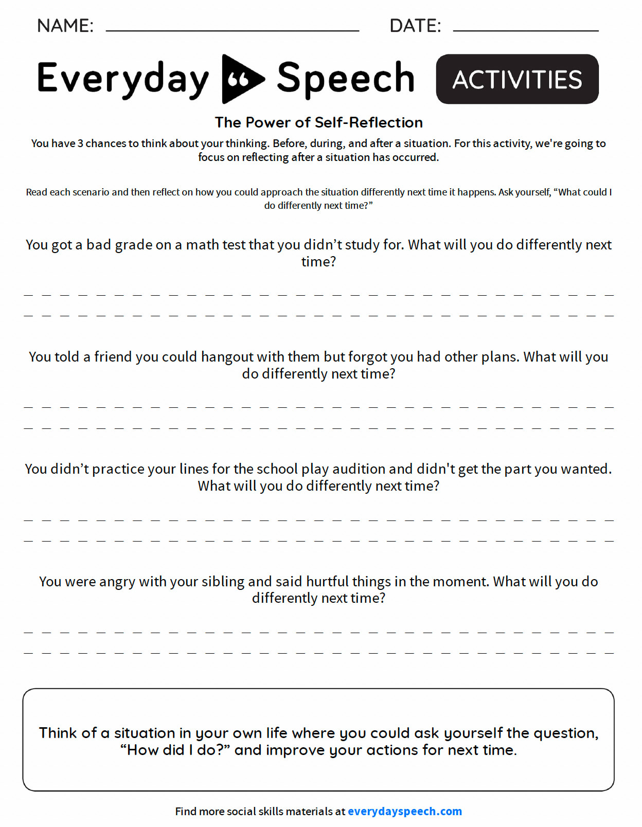 Free High School Worksheet: Practicing Self-Reflection | Everyday Speech