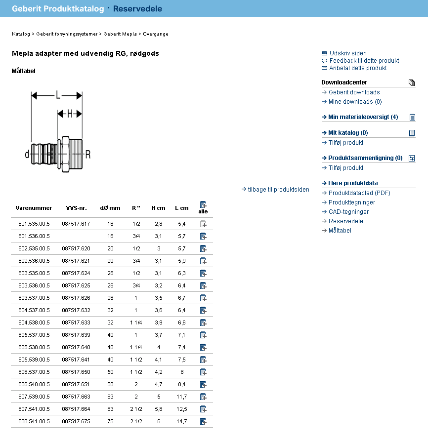 Bestil Geberit Mepla RG overgang med udvindigt gevind 26 mm x 3/4"