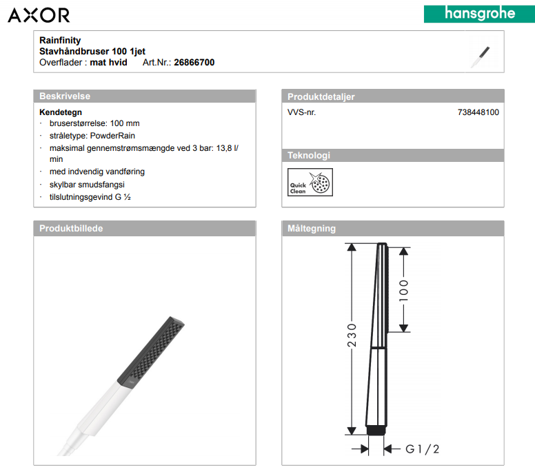 Hansgrohe Rainfinity 100 håndbruser, mat hvid | 26866700