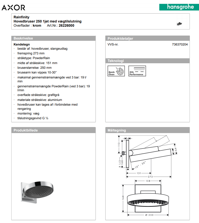 Hansgrohe Rainfinity brusehoved, Ø25 cm, krom | 26226000