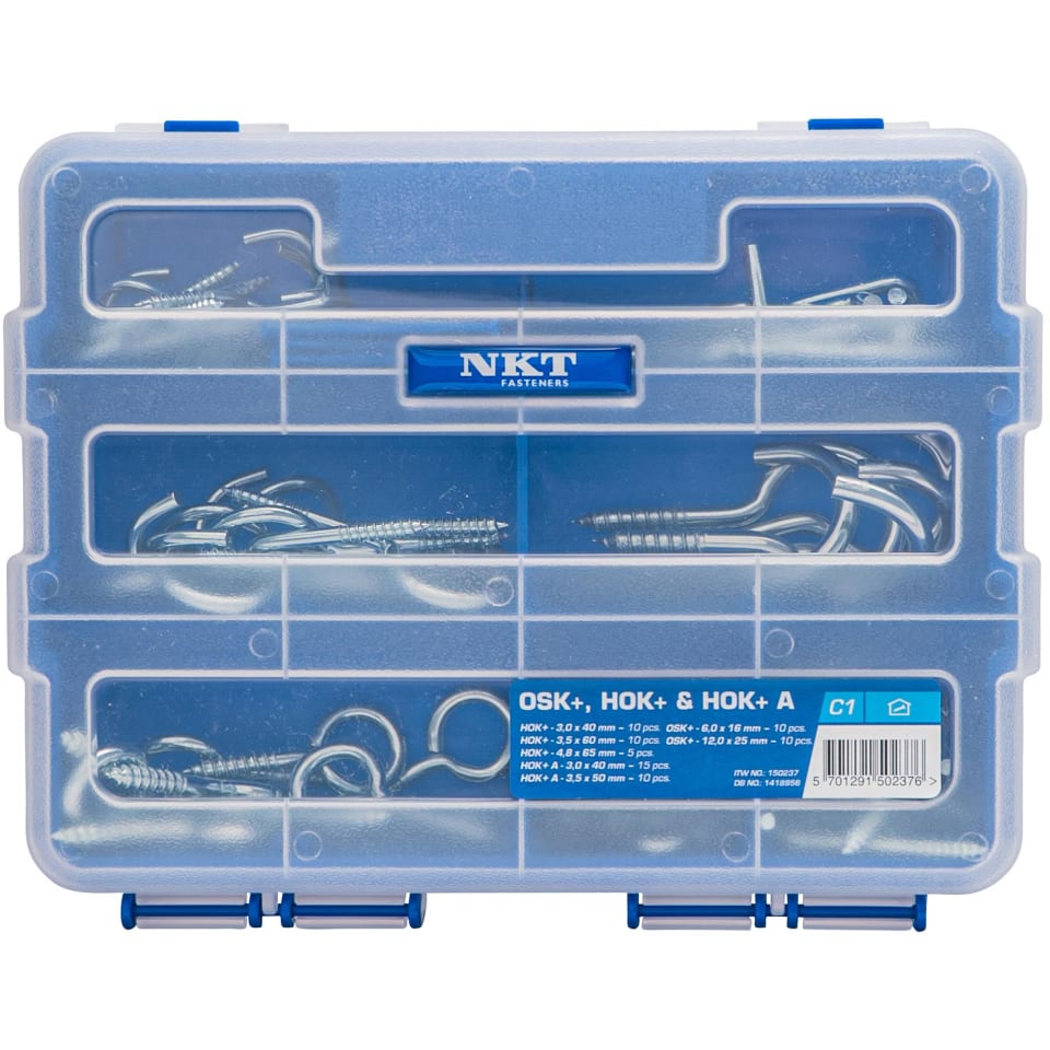 NKT sortimentskasse m/20 øskner & 50 skrue/vinkelkroge | 150237