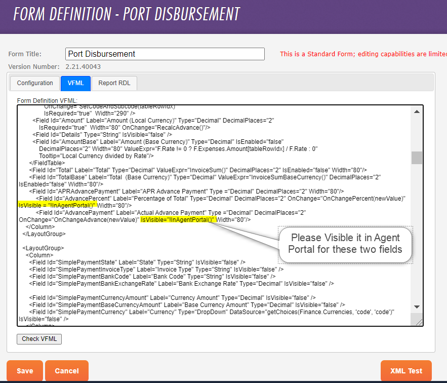 Port Disbursement Form - To visible the fields of Advance Percentage ...