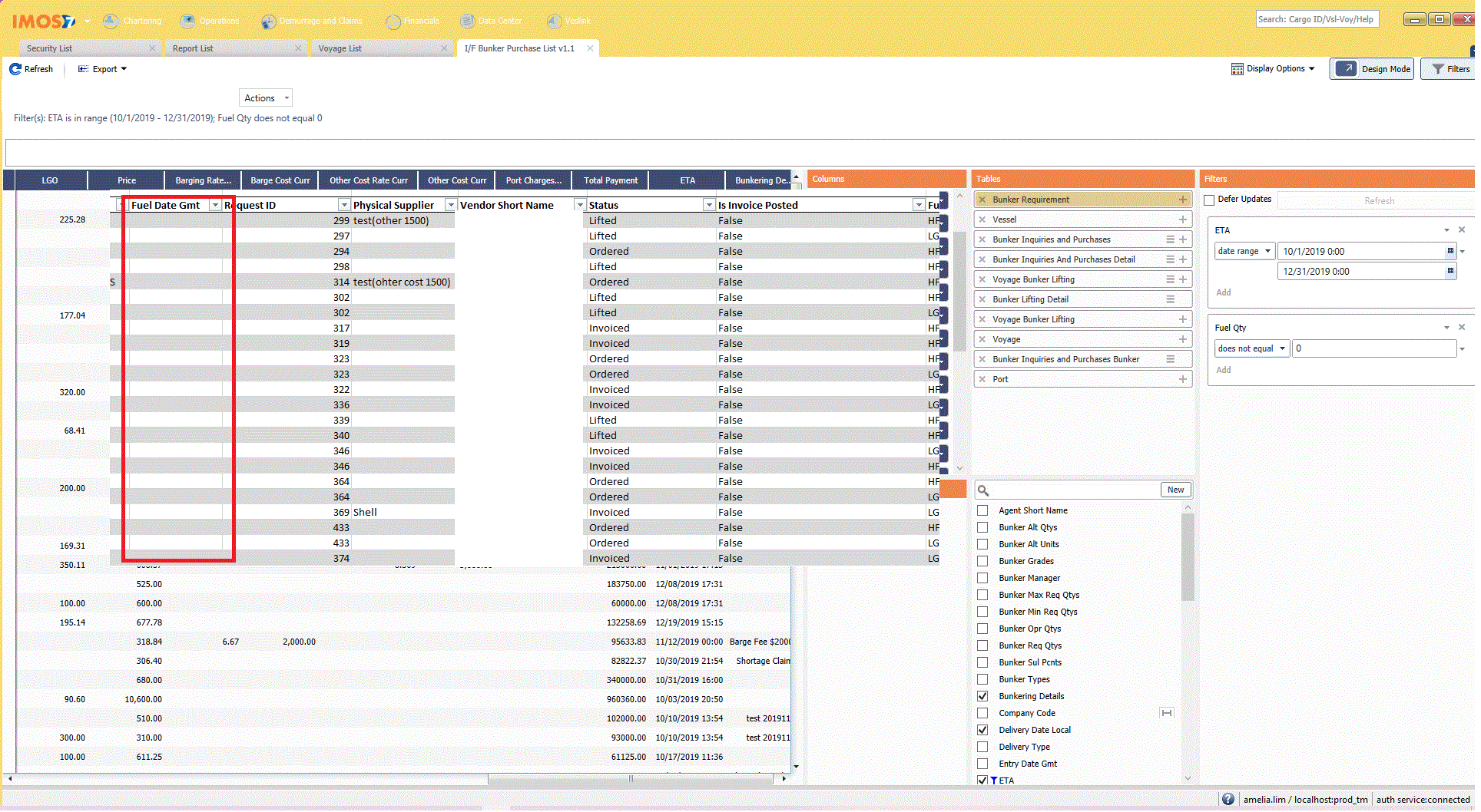 Report Field - Bunker Lifting Date / Time - Veson Nautical Feature Board