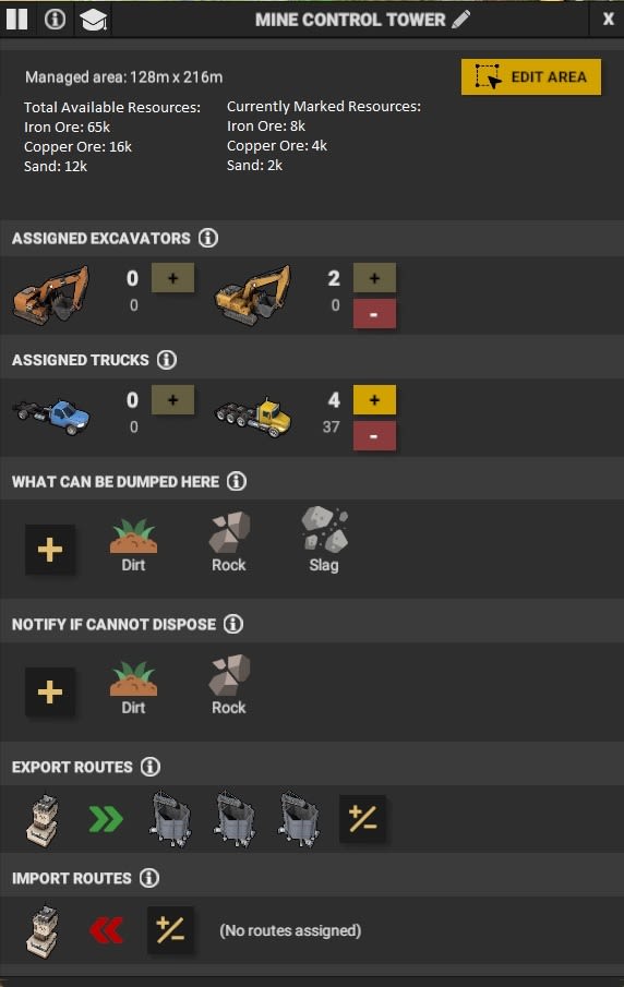 Total mineable materials displayed on the mine control tower interface ...