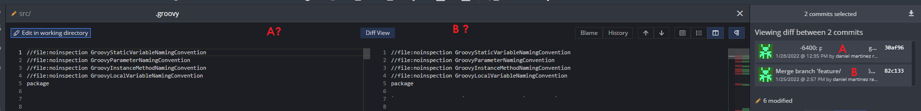 Display Branches When Running Diff Between Branches Commits Under Split View Gitkraken