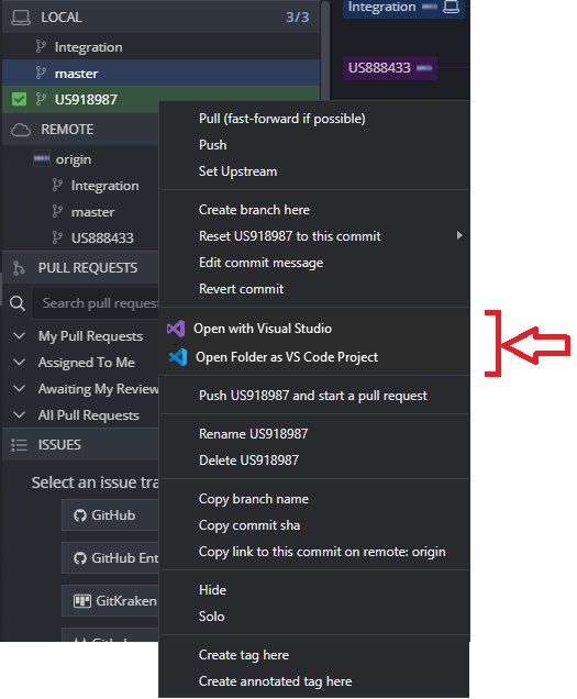 Add IDE to active branch context menu, to open the project - GitKraken