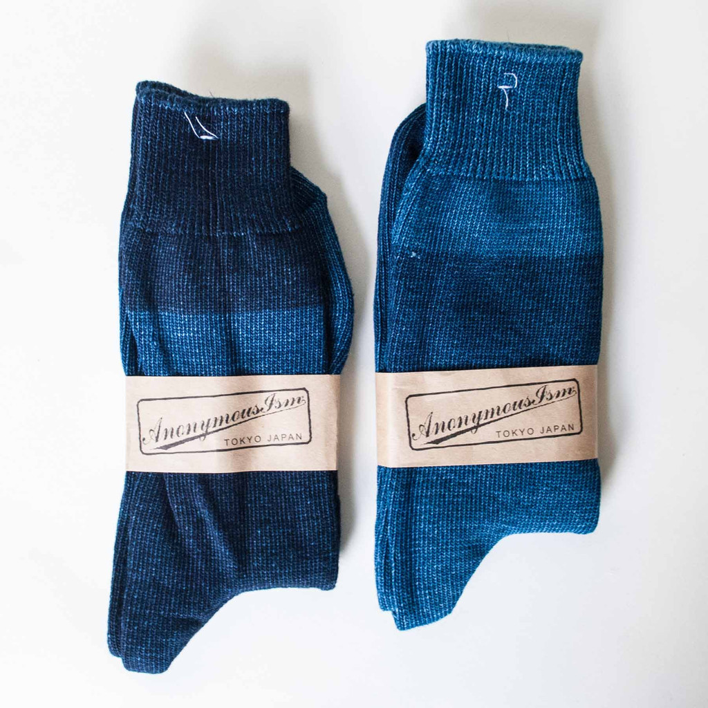 Very Goods | Anonymous Ism Indigo 2 Tone Crew Socks - Omoi Zakka Shop