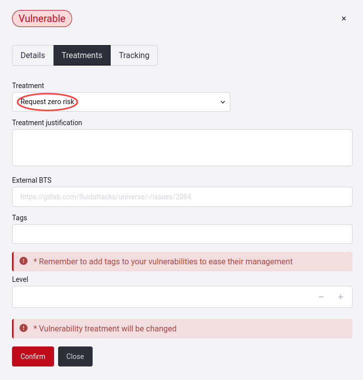 Request a vulnerability be dismissed as Zero Risk | Fluid Attacks Help