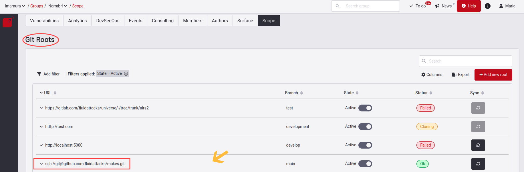 Find the option for cloud integrations | Fluid Attacks Help