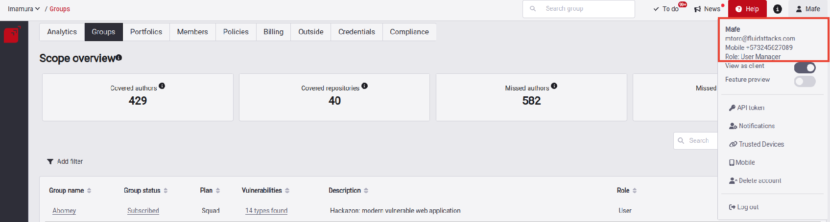 Explore the user menu | Fluid Attacks Help
