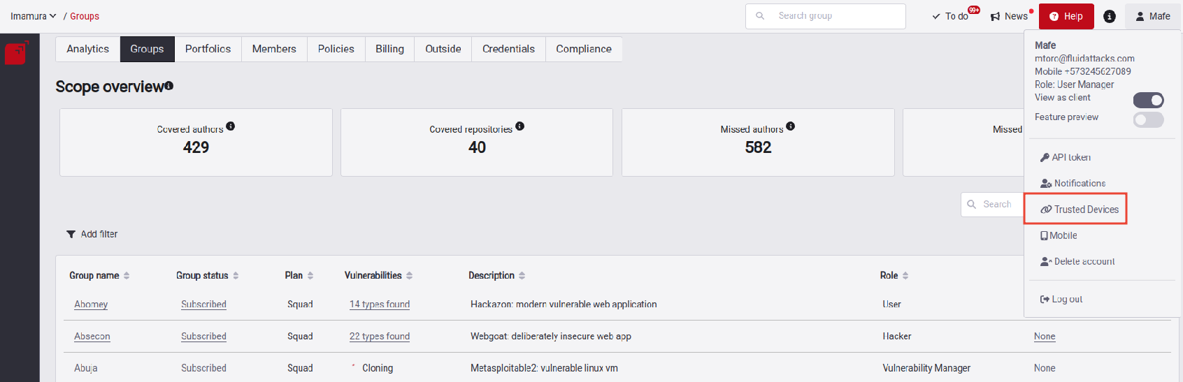 Explore the user menu | Fluid Attacks Help