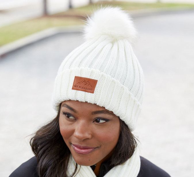 Fur Pom Pom Knit Beanie with Debossed Patch Cuff