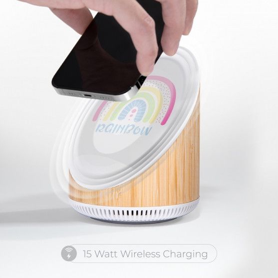 Custom Bamboo 15W Qi Charging Wireless Speaker and Phone Stand