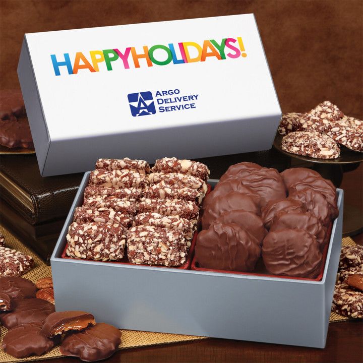 Custom Toffee & Pecan Clusters in Gift Box with Happy Holidays Sleeve
