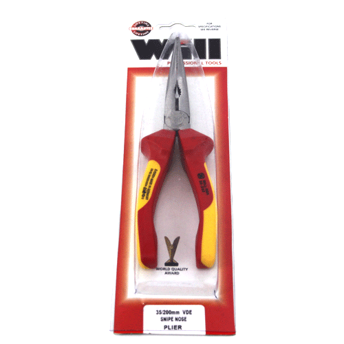 PLIER LONG NOSE 200MM VDE WILL - 1000V RED/YELLOW HANDLE | Fowkes Bros