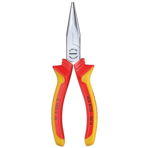 PLIER LONG NOSE 200MM VDE GED - 1000V RED/YELLOW HANDLE | Fowkes Bros
