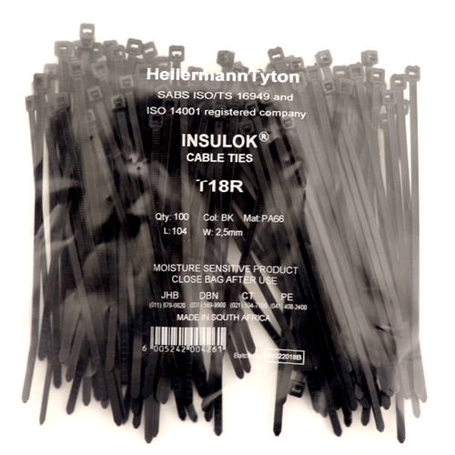 CABLE TIES 104X2.5MM BLACK - HELLERMAN SOLD PACK OF 100 | Fowkes Bros