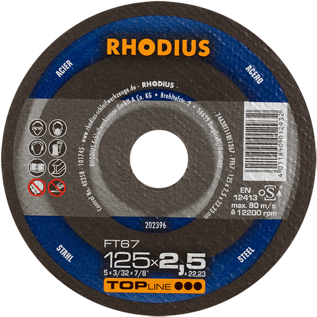 CUT OFF STEEL 125X2.4X22 RHOD (25) - RHODIUS FT67 TOPLINE | Fowkes Bros