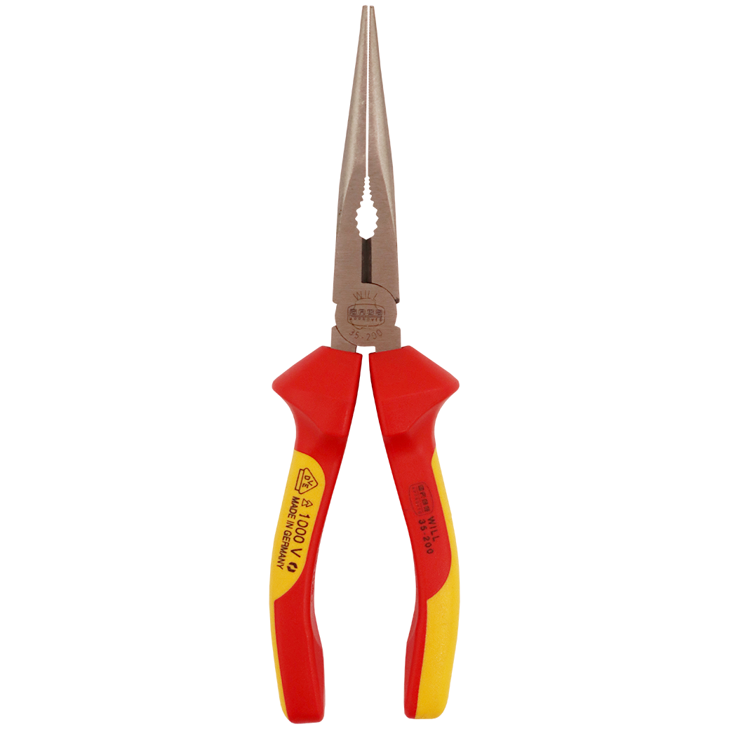 PLIER LONG NOSE 200MM VDE WILL - 1000V RED/YELLOW HANDLE | Fowkes Bros