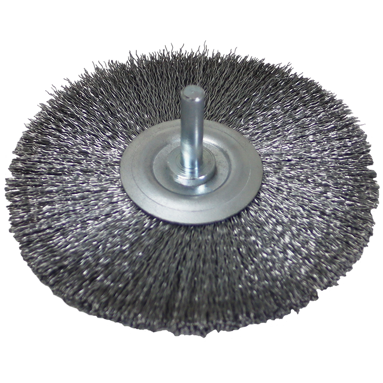 WIRE WHEEL 100 X 12MM MOUNTED WERN - 6MM SHANK - 0.3MM WIRE | Fowkes Bros