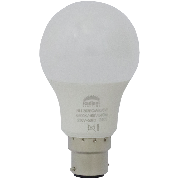 LIGHT BULB LED GLOBE A60 6W B22 - BAYONET - DAYLIGHT - 540 LUMEN ...
