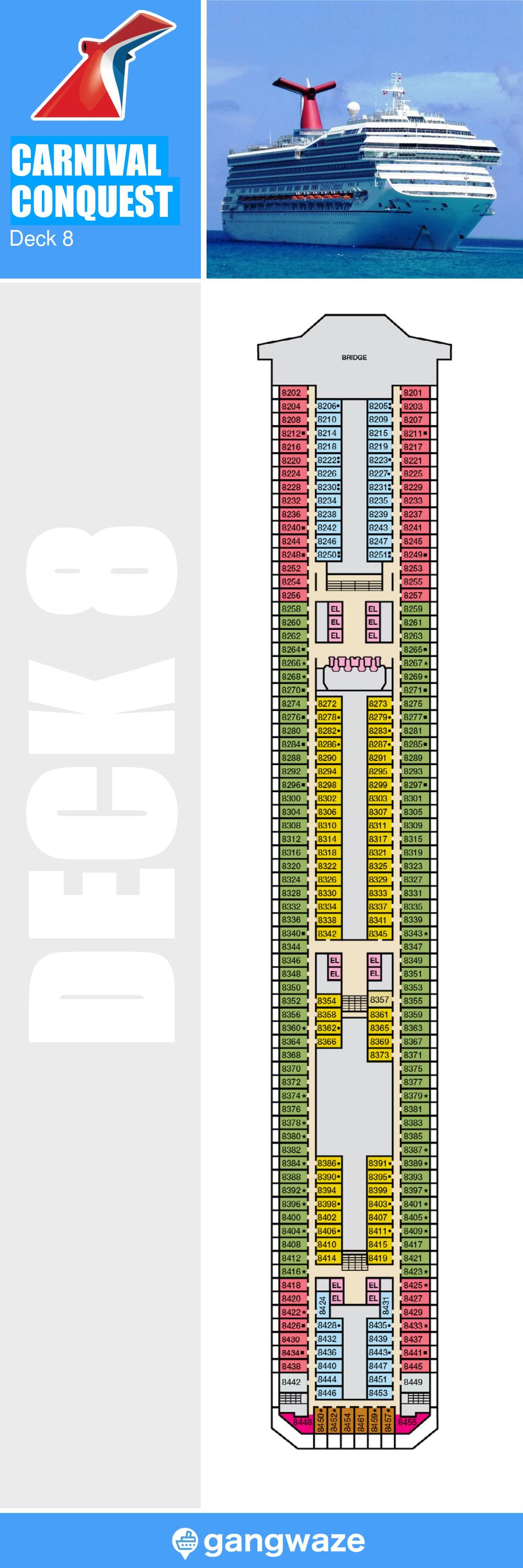 Carnival Conquest Deck 8 - Activities & Deck Plan Layout