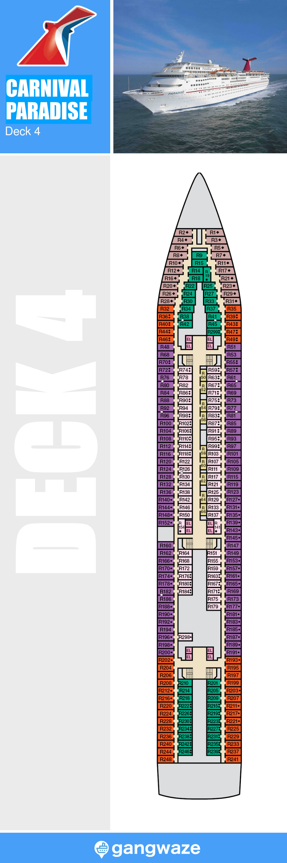Carnival Paradise Deck 4 - Activities & Deck Plan Layout