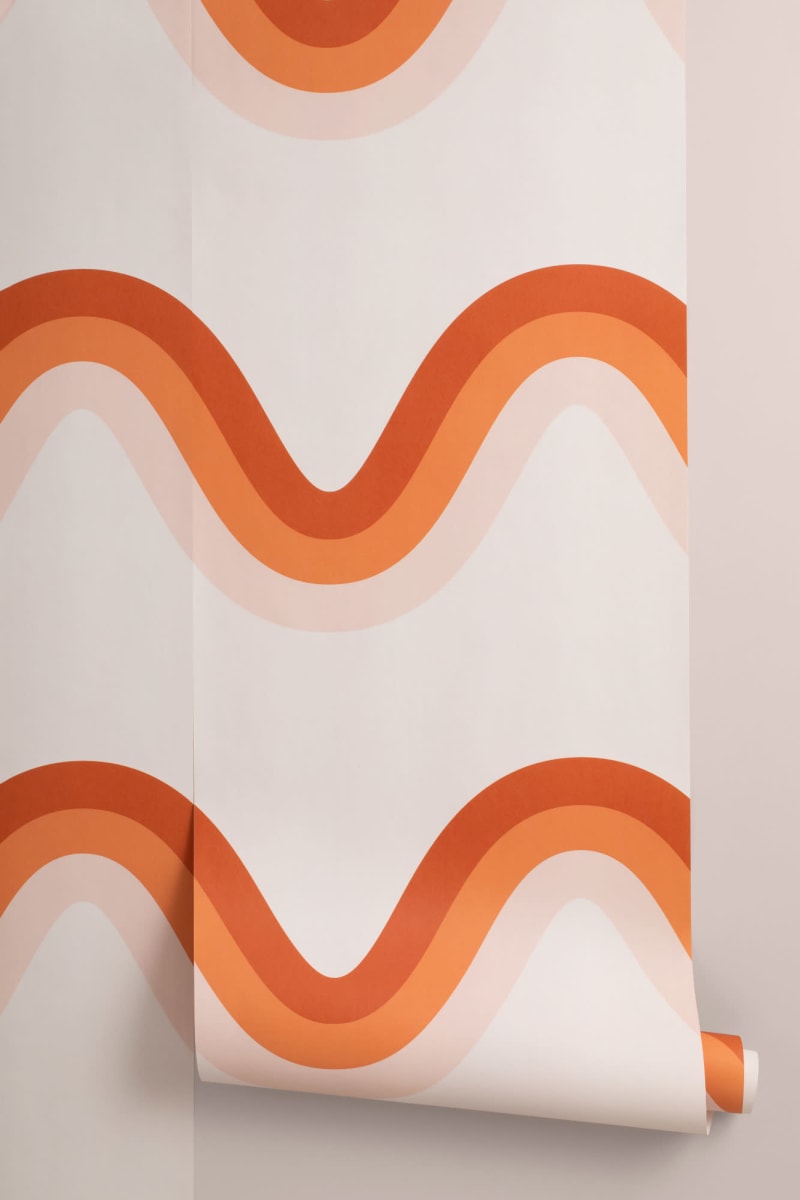 Terracotta Orange 70's Retro Wave Repeat Pattern Wallpaper - Hovia