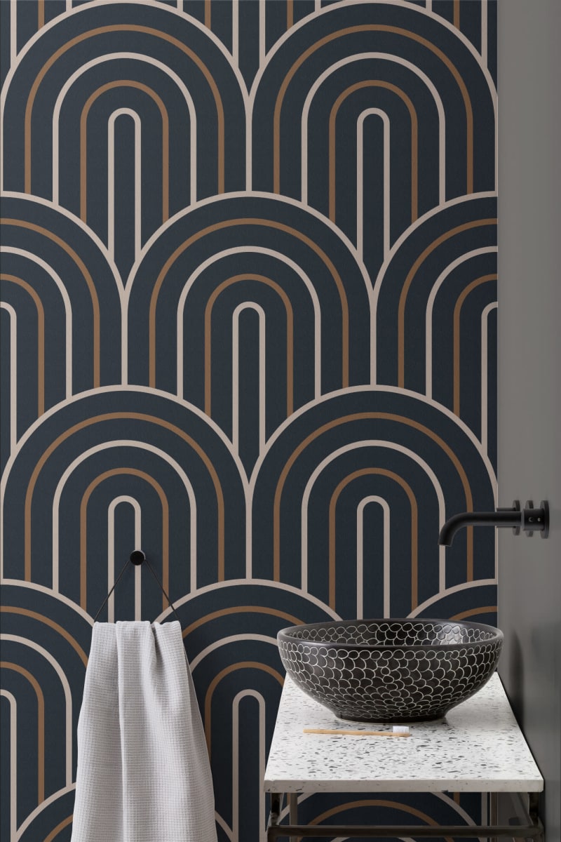 Navy & Mustard Retro Loop Pattern Wallpaper - Hovia