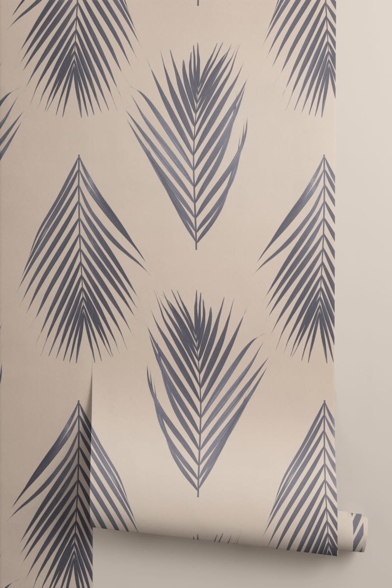 Blue & Cream Palm Leaf Pattern Wallpaper - Hovia