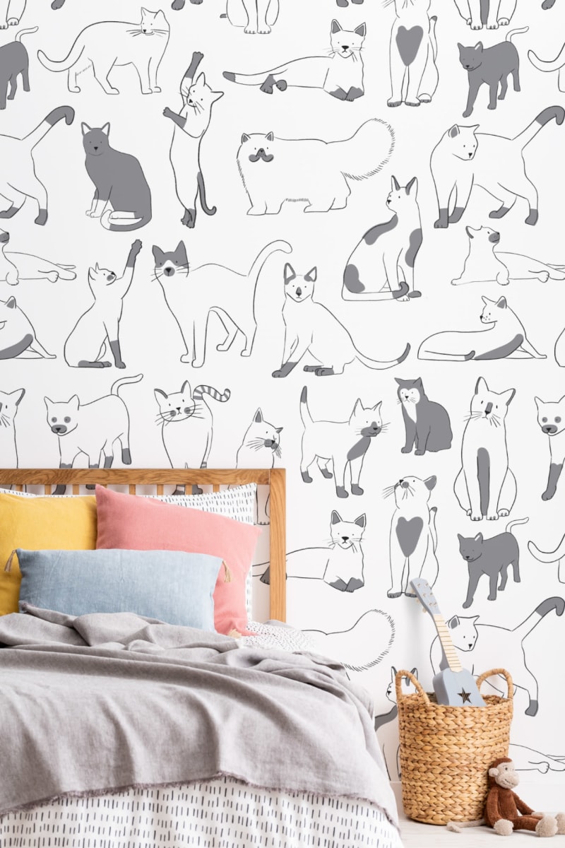 Gray & White Cool Cat Pattern Wallpaper Mural - Hovia - Hovia