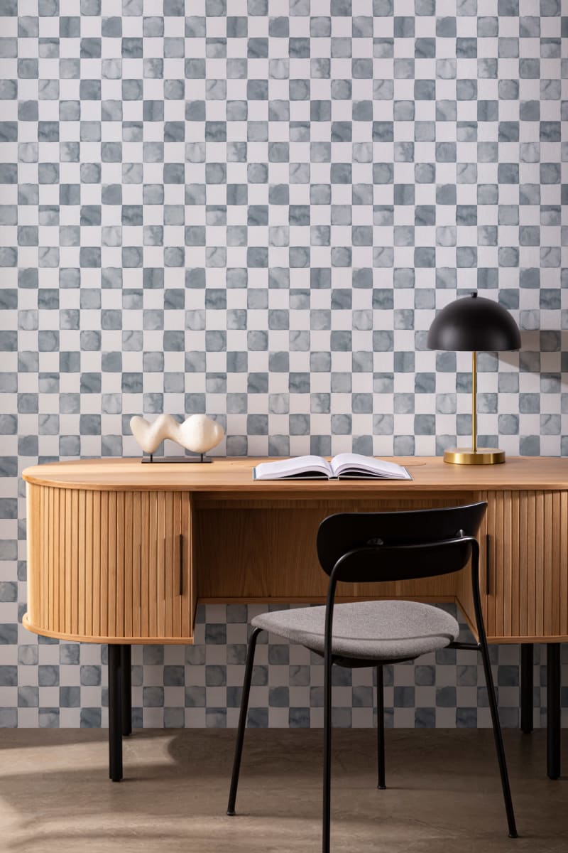 Steel Blue Watercolor Checkered Wallpaper - Hovia - Hovia