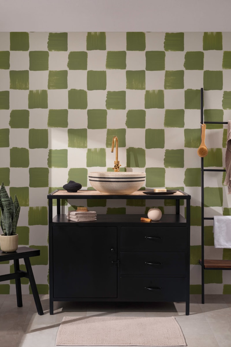 Olive Green Hand Painted Checkered Wallpaper - Hovia