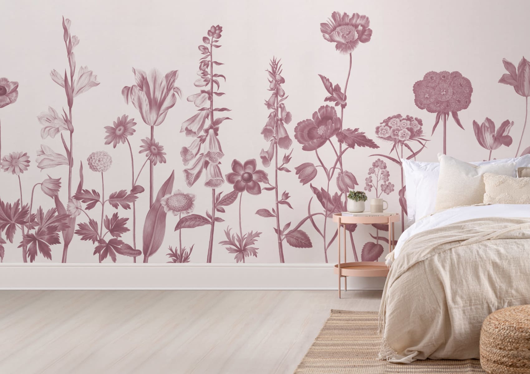 Pink Illustrated Wildflower Mural - Hovia