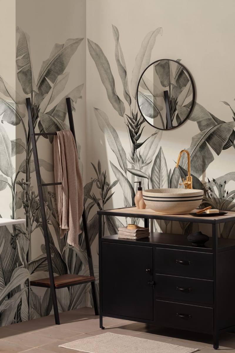 Grayscale Vintage Tropical Plants Mural - Hovia