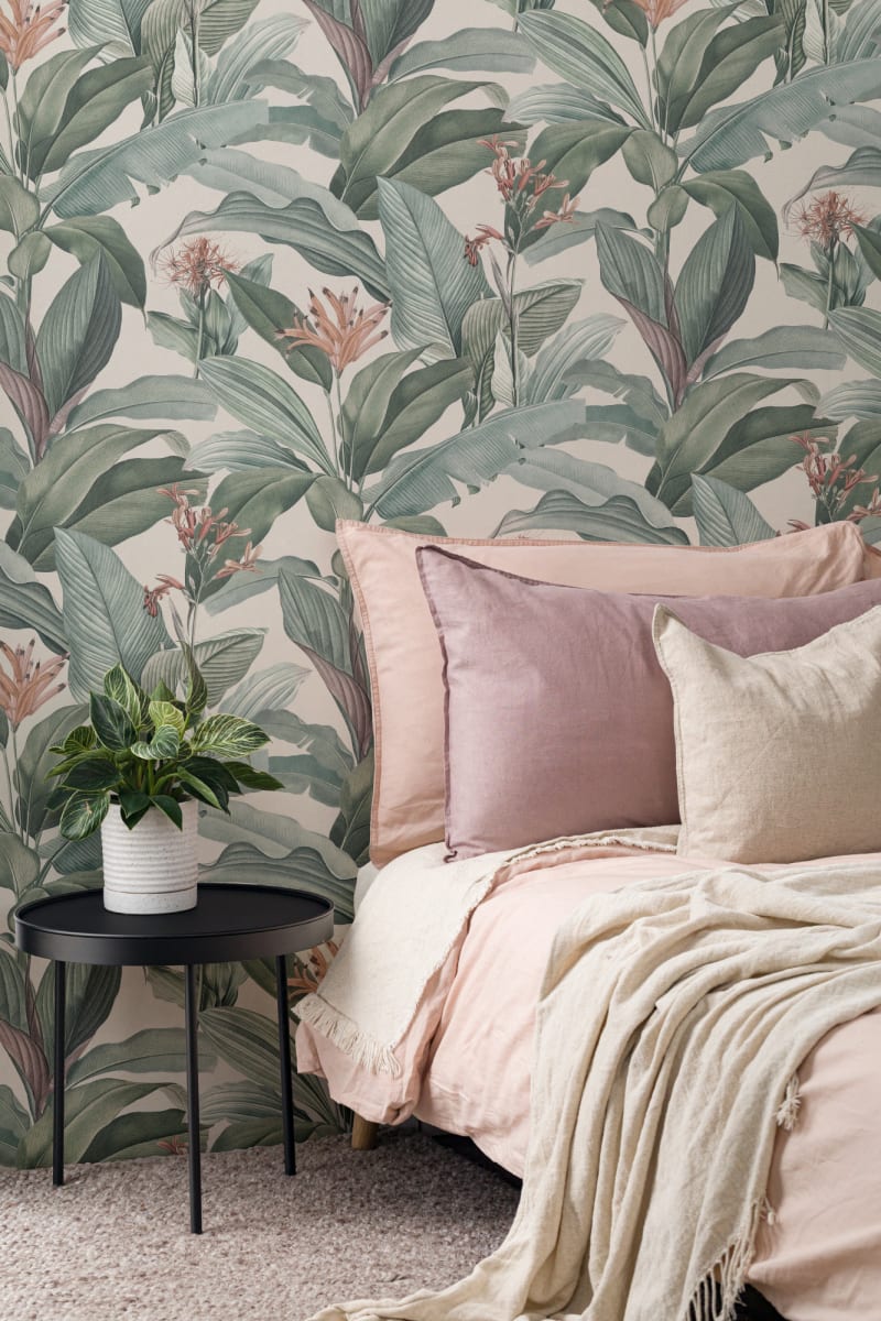 Peach & Green Vintage Tropical Repeat Pattern Wallpaper - Hovia - Hovia