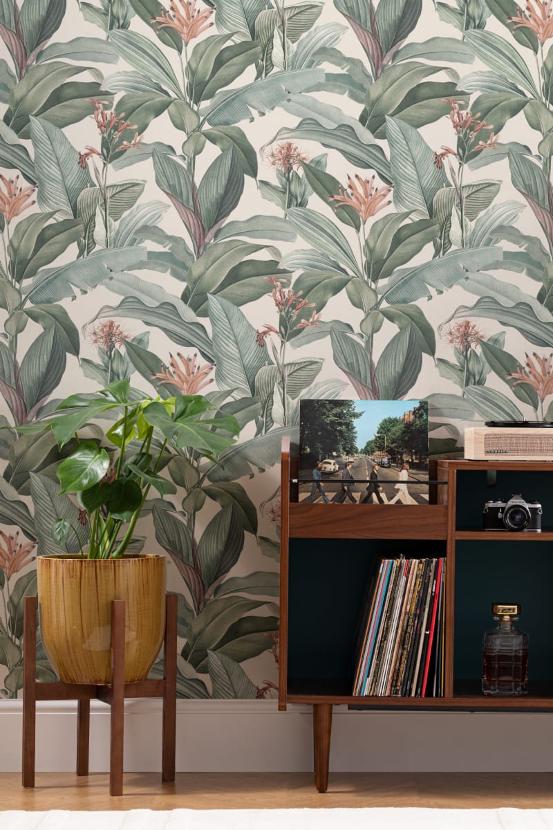 Peach & Green Vintage Tropical Repeat Pattern Wallpaper - Hovia - Hovia