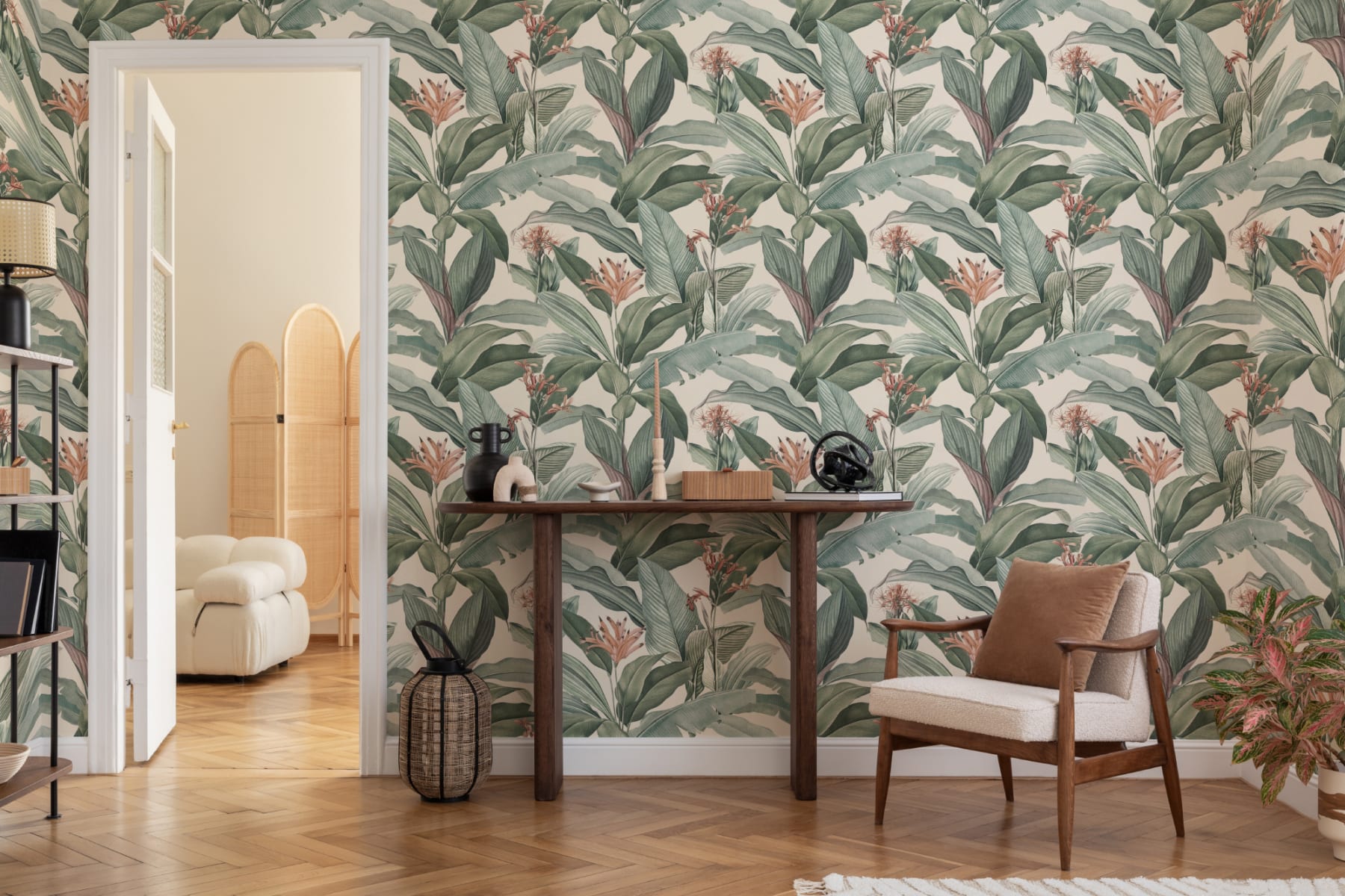 Peach & Green Vintage Tropical Repeat Pattern Wallpaper - Hovia - Hovia